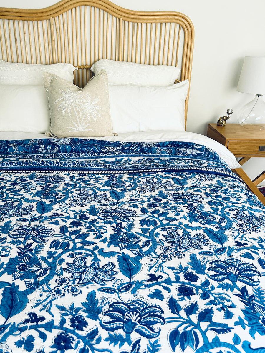 Indigo & White Lotus | Dohar (Queen / King) – Tula Homeware